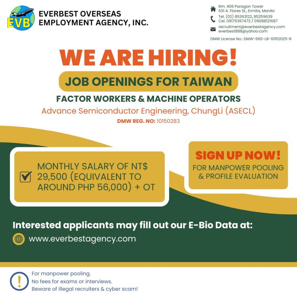 Everbest Agency Now Hiring Factory Workers for ASE Chungli, Taiwan ...