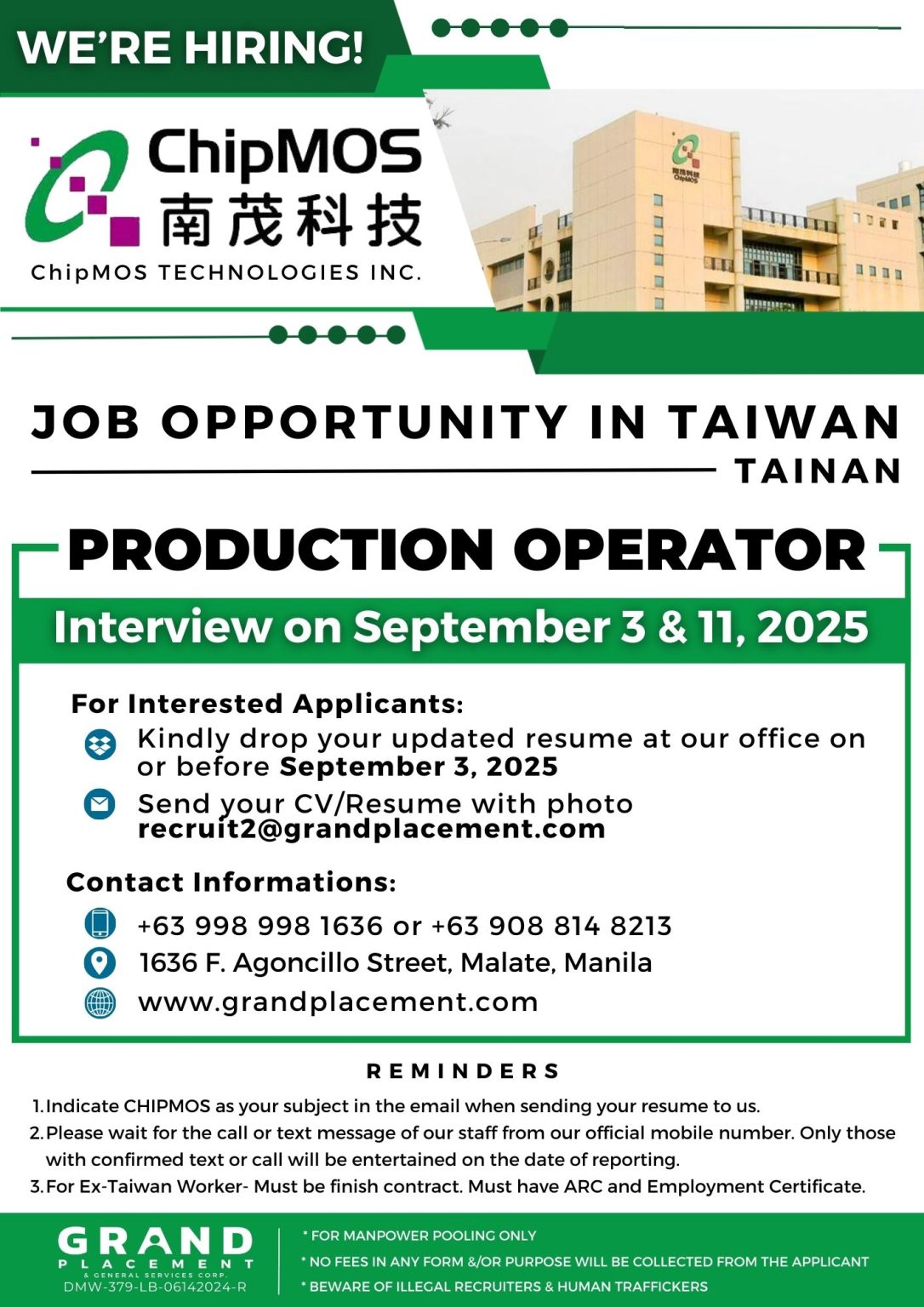 Taiwan Hiring Production Operatoras for ChipMos Technologies Inc.
