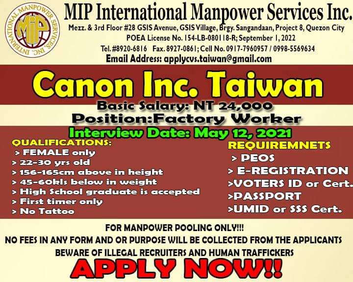 Taiwan Hiring: Factory Workers For Canon Incorporated | High School