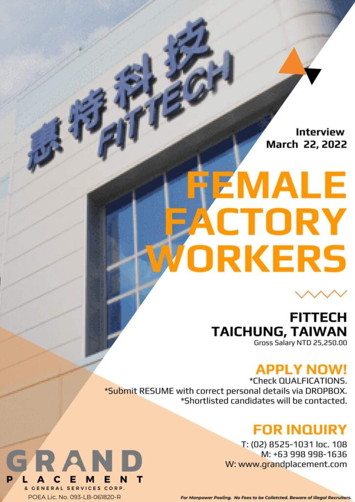 FitTech Corp. is now Hiring Factory Workers under Grand Placement Agency
