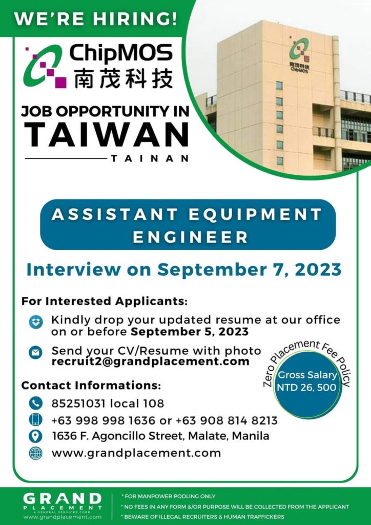 Taiwan Urgent Hiring Assistant Equipment Engineer