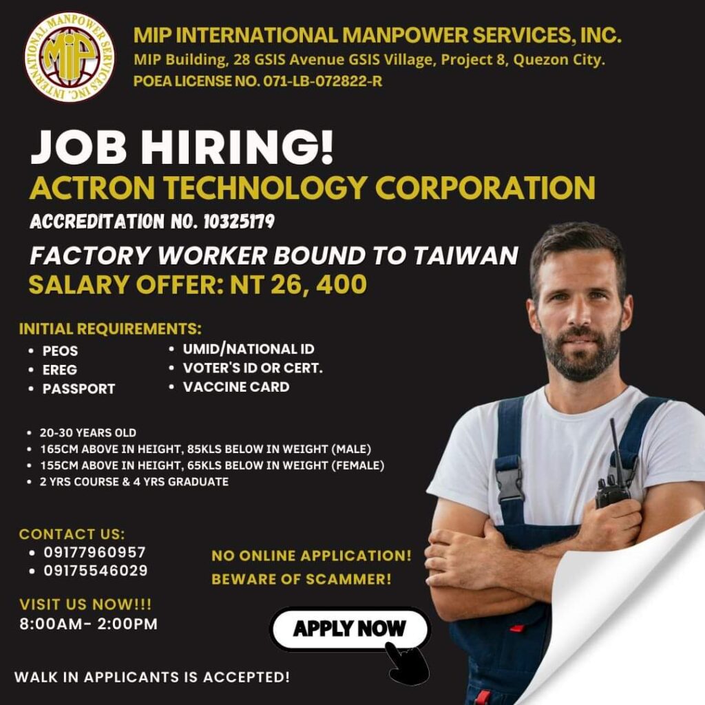 Taiwan Hiring Factory Workers for Actron Technology Corp. - kaagapay ...