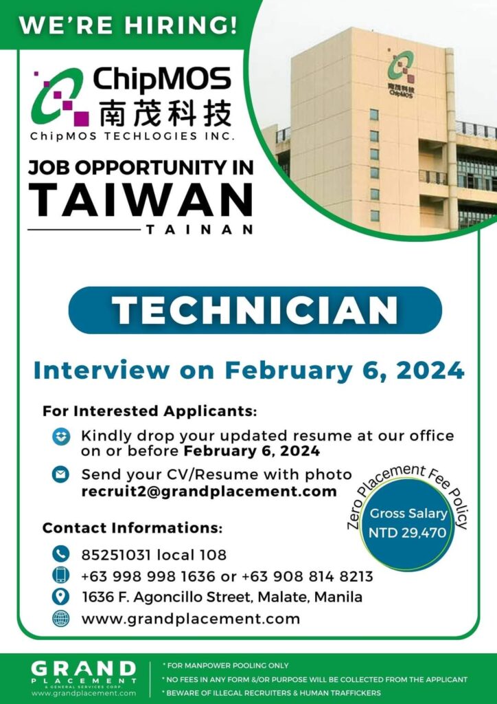 Hiring Technicians for ChipMos Technologies Inc
