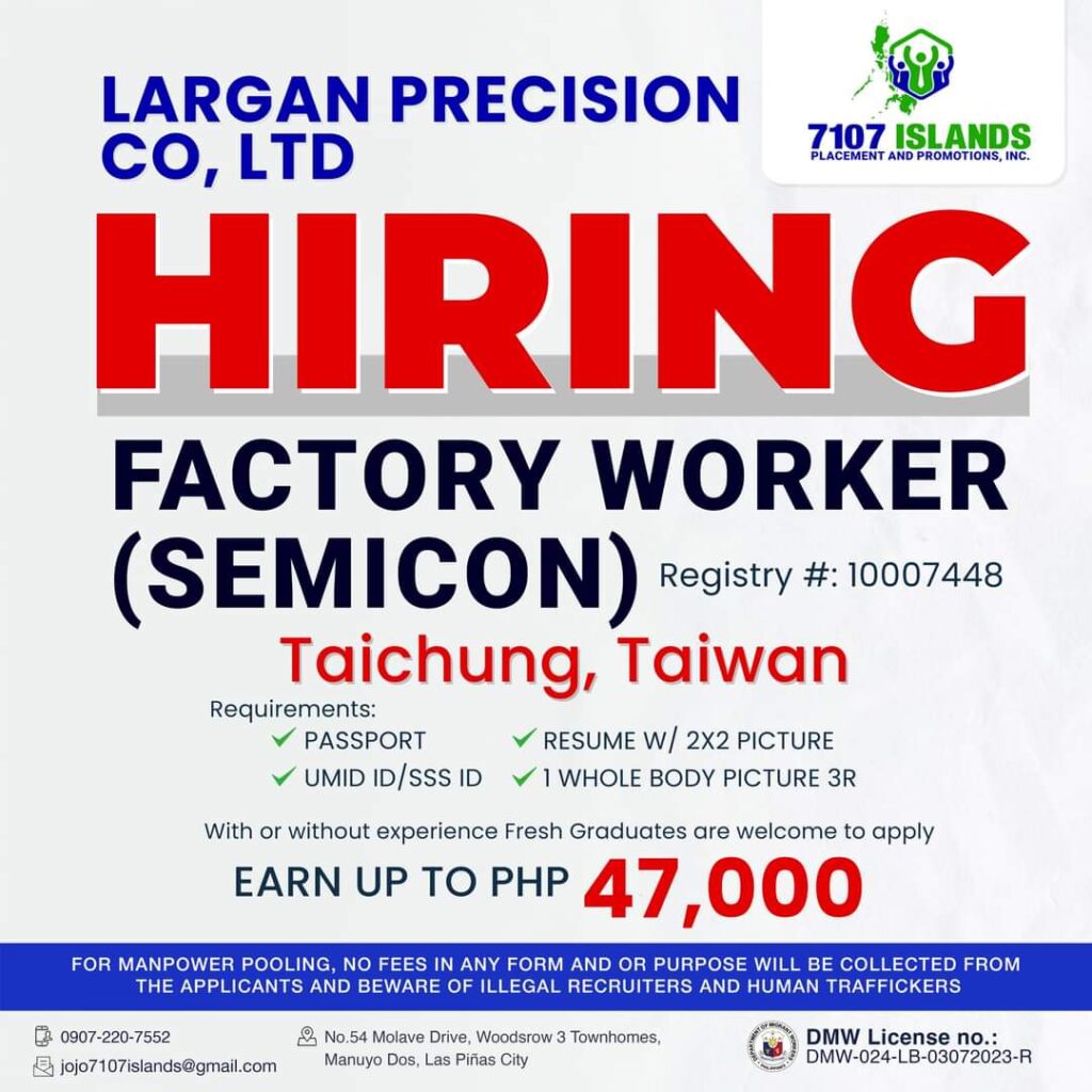 Taiwan Hiring Factory Workers for Largan Precision Co. Ltd.