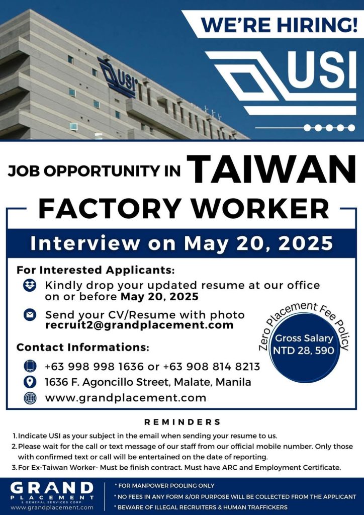Taiwan Hiring: Factory Workers for USI | Apply online