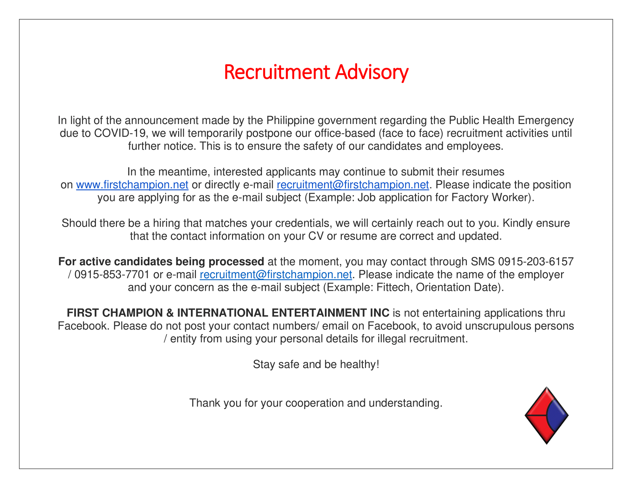 First Champion now Hiring Factory Workers bound to Taiwan | Apply online