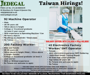 Taiwan Hiring: Electronics Factory Workers for Jedegal | Apply online