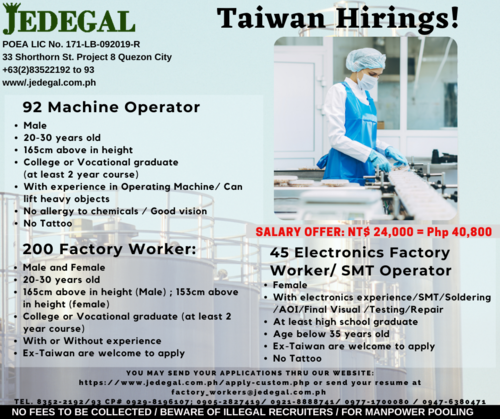 Taiwan Hiring: Electronics Factory Workers for Jedegal | Apply online