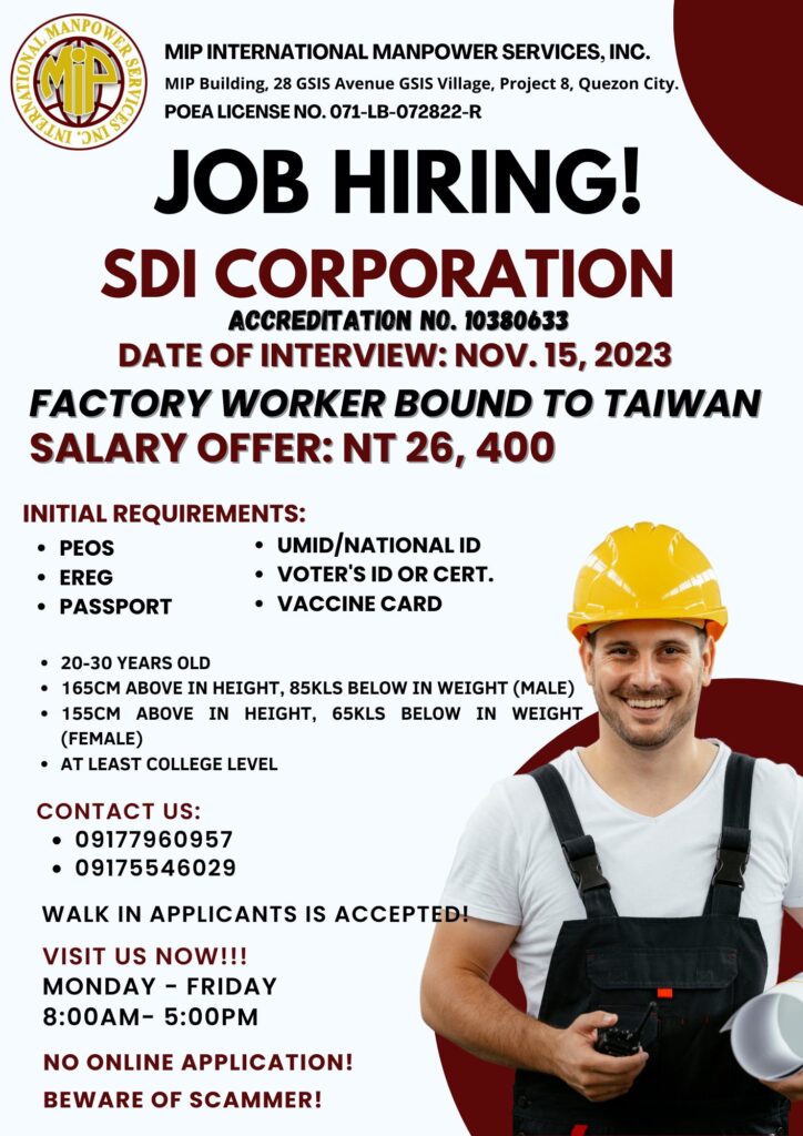 Taiwan Hiring: Factory Workers for SDI Corporation | Apply online
