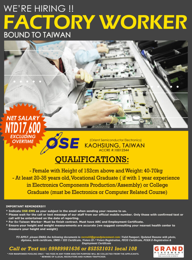 Taiwan Hiring: Factory Workers for OSE under Grand Placement Agency
