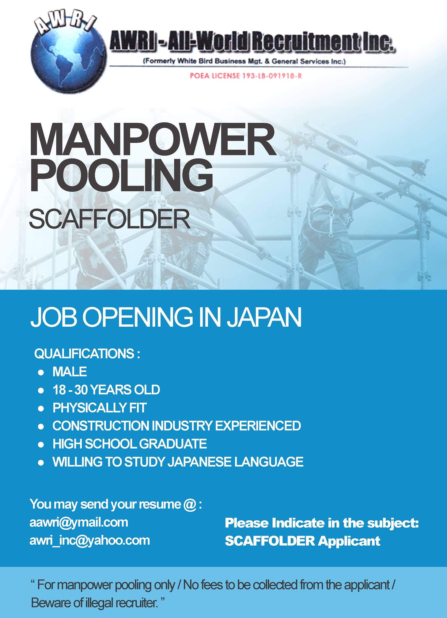 Japan Hiring: Scaffolder under AWRI-All World Recruitment Inc. | High ...