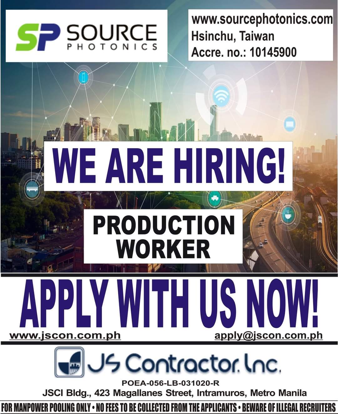 Taiwan Hiring Production Operators for Source Photonics Corp.