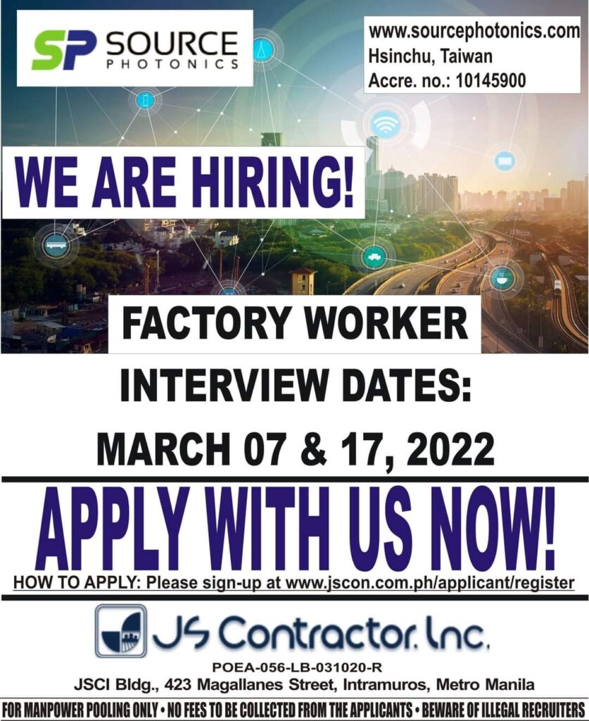 Taiwan Hiring Production Operators for Source Photonics Corp.