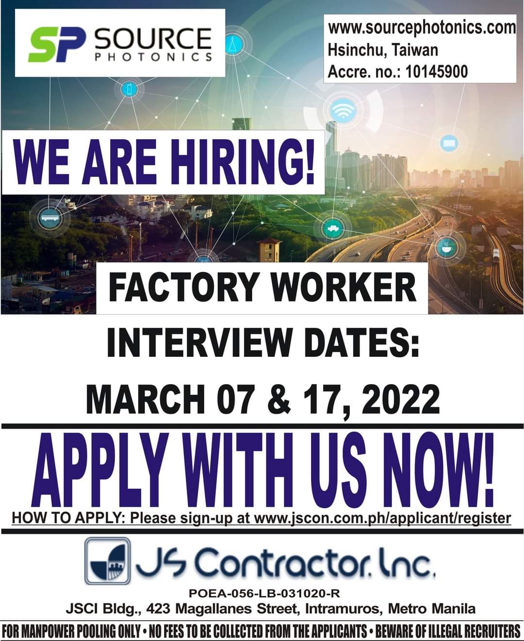 Taiwan Hiring Production Operators for Source Photonics Corp.