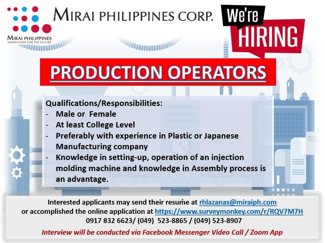 Local Job Hiring: Production Operator for Mirai Philippines Corporation ...