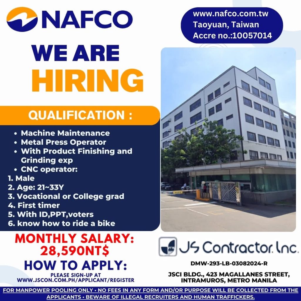 Taiwan Hiring Machine Operators for NAFCO