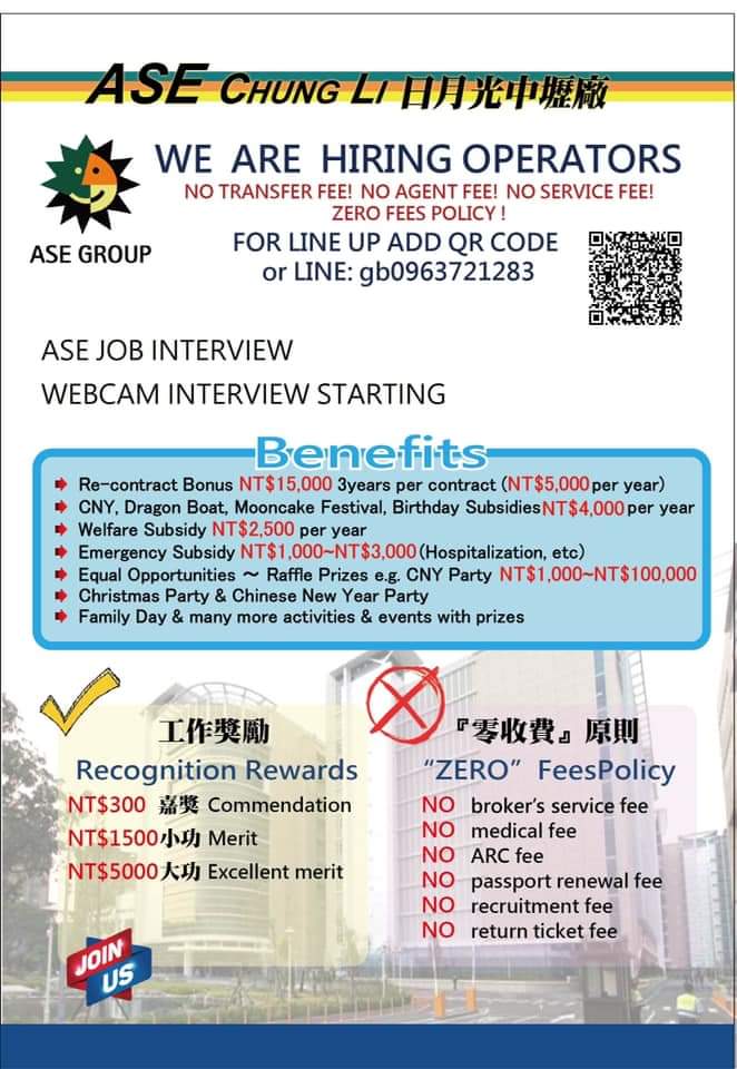 Hiring Transfer Factory Job for ASE Chungli | CT/DH are welcome to Apply!