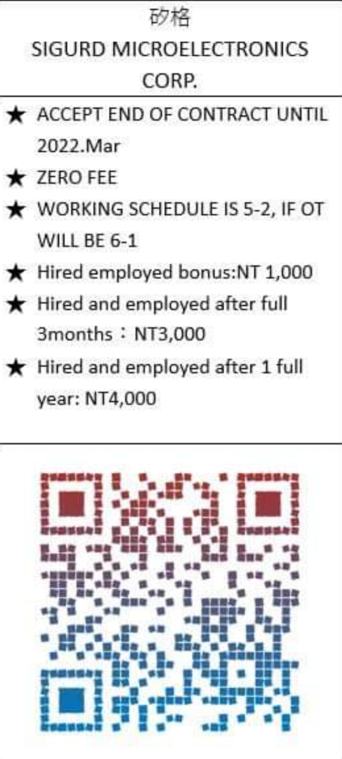 Sigurd Microelectronics Corp is now Hiring Transfer Factory Workers