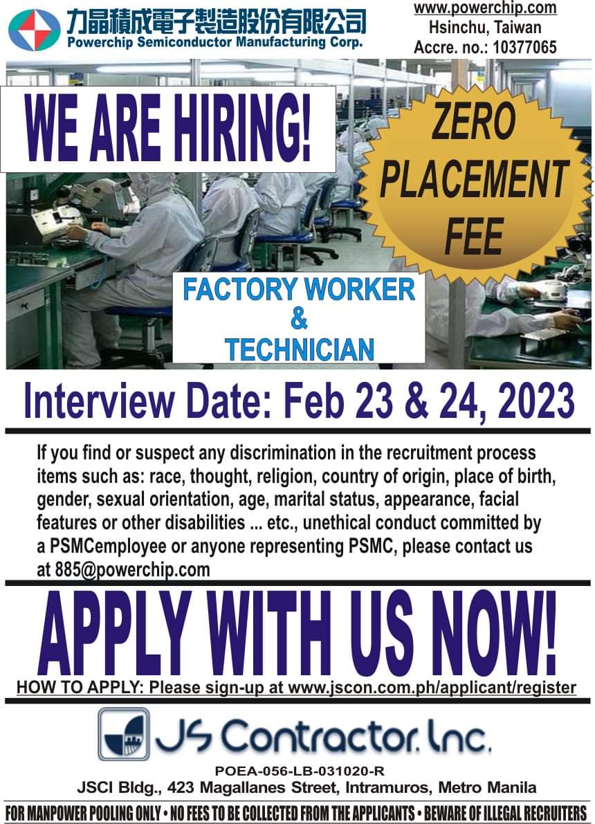 JS Contractor Inc. is now Hiring Production Operator for Powerchip ...