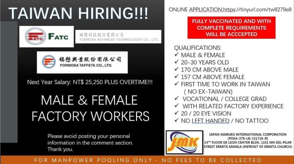 Japan Maruko Corp. is now Hiring Factory Workers for Formosa Advanced ...