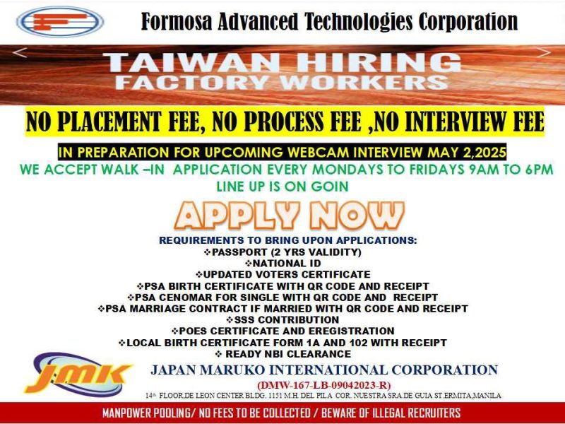 Taiwan Hiring Factory Workers for Formosa Advanced Technologies Co., Ltd.