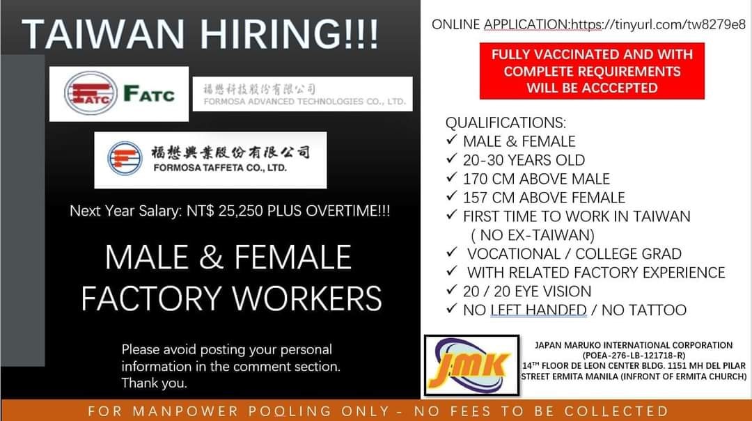 Japan Maruko Corp. is now Hiring Factory Workers for Formosa Advanced ...