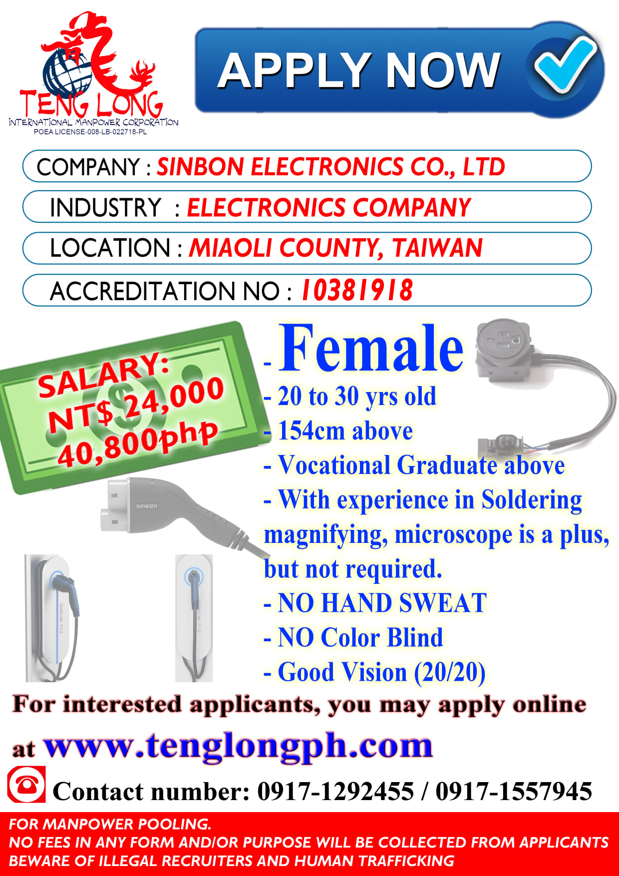 Teng Long International Manpower Corp. is now Hiring Factory Workers for Sinbon Electronics Co ...