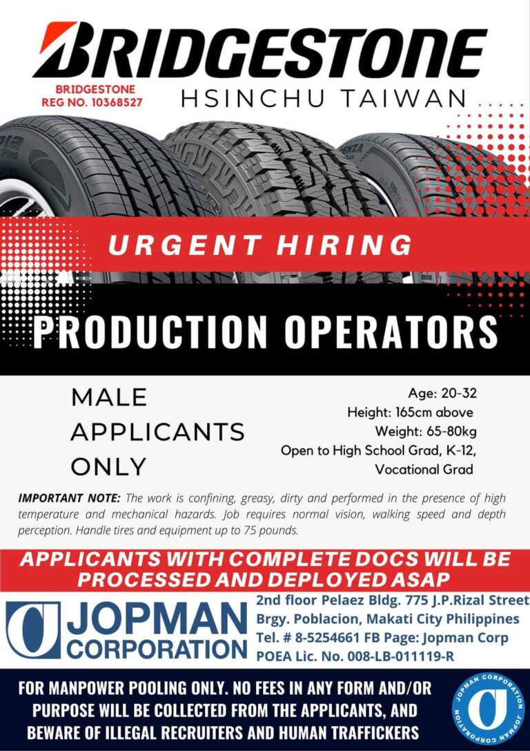 Jopman Corporation is now Hiring Factory Workers for Bridgestone