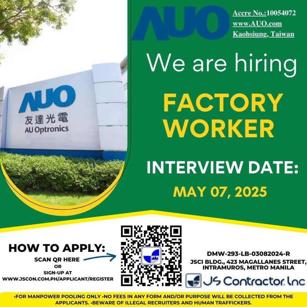 Taiwan is now Hiring Factory Workers for AUO Optronics