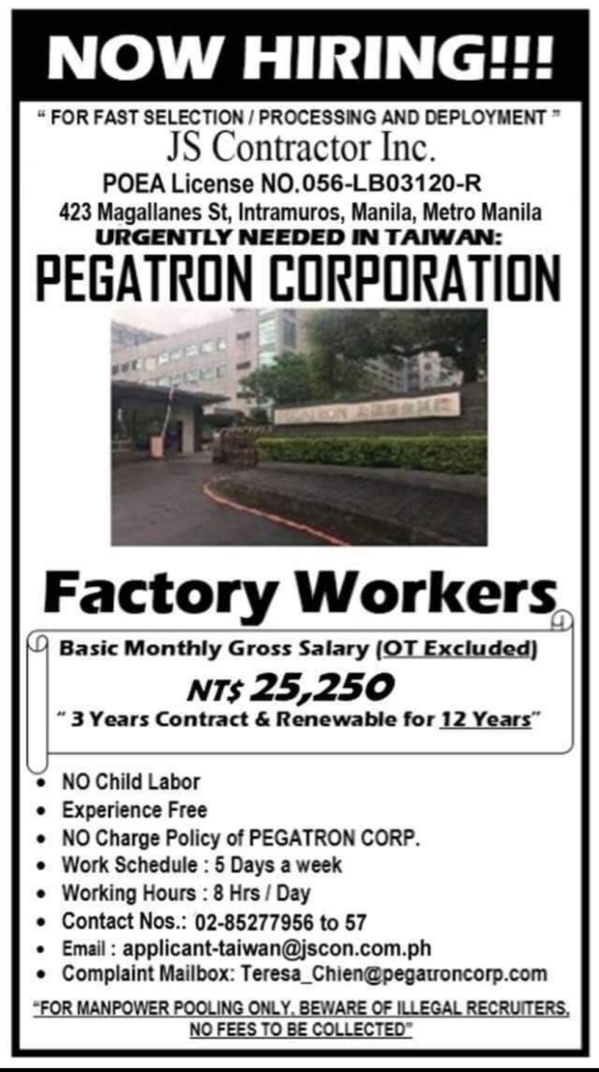 Urgent Hiring Factory Workers for Pegatron Corp. under JS Contractor ...