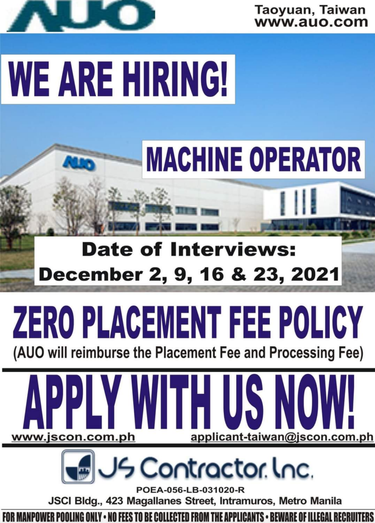 JS Contractor Inc. is now Hiring Production Operators for AUO