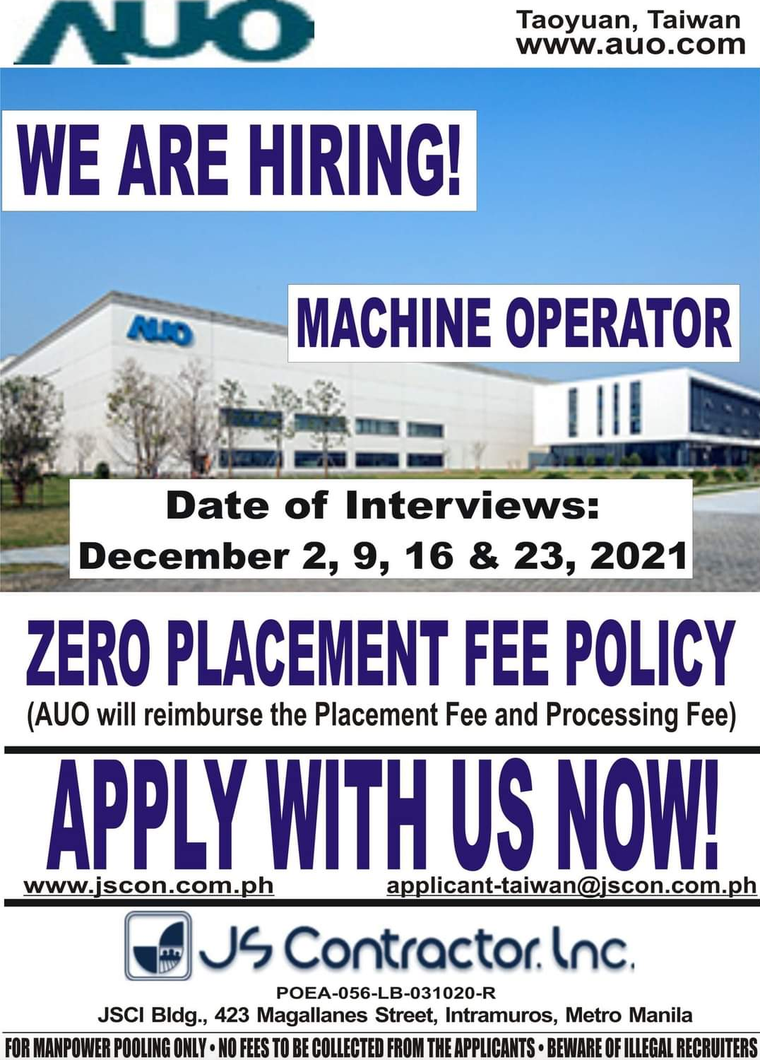 JS Contractor Inc. is now Hiring Production Operators for AUO