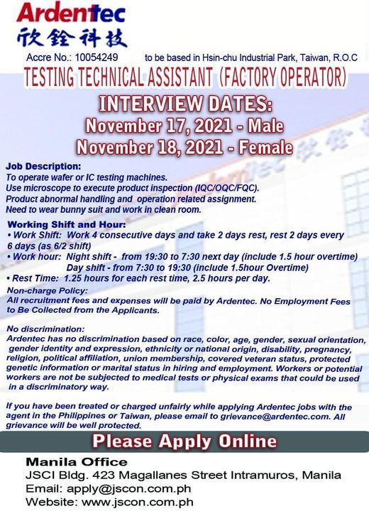 JS Contractor Inc. is now Hiring Factory Operators for Ardentec ...