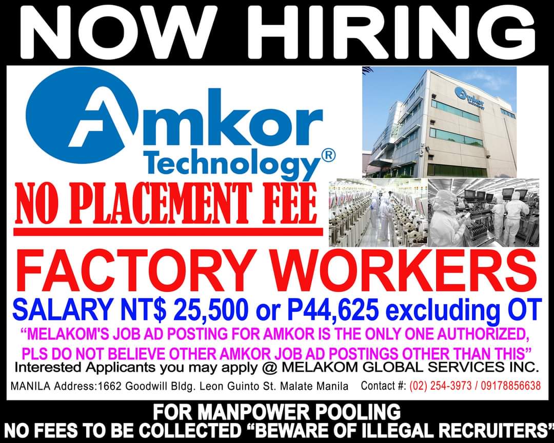 Melakom Global Services Inc. is now Hiring Factory Workers for Amkor Technology