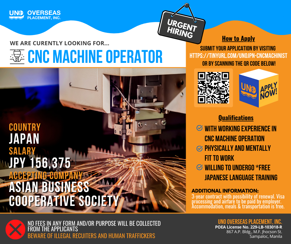 UNO Overseas Placement Inc. is now Hiring CNC Machinist for Asian ...