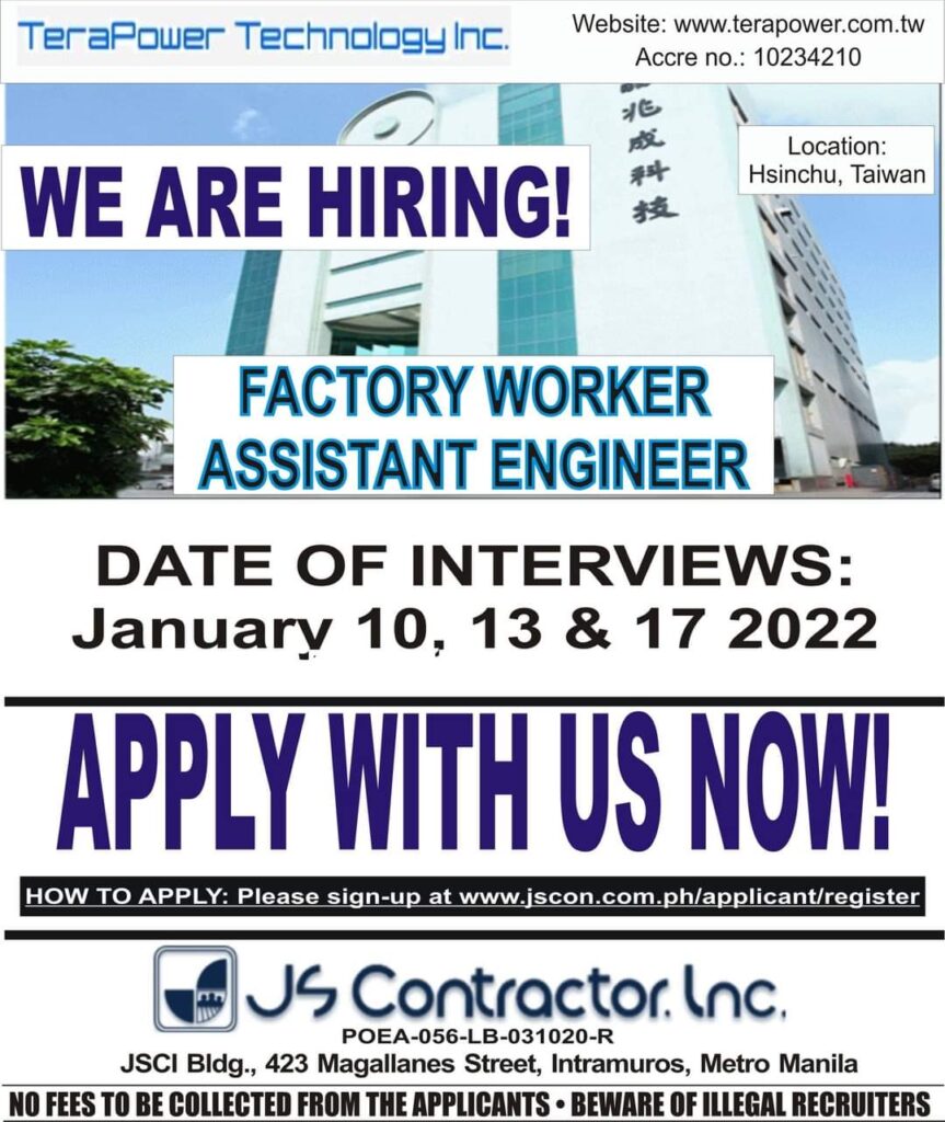 JS Contractor Inc. is now Hiring Factory Workers and Assistant ...