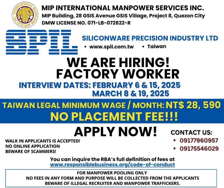 Taiwan Hiring Factory Workers for Siliconware Precision Industries Co ...