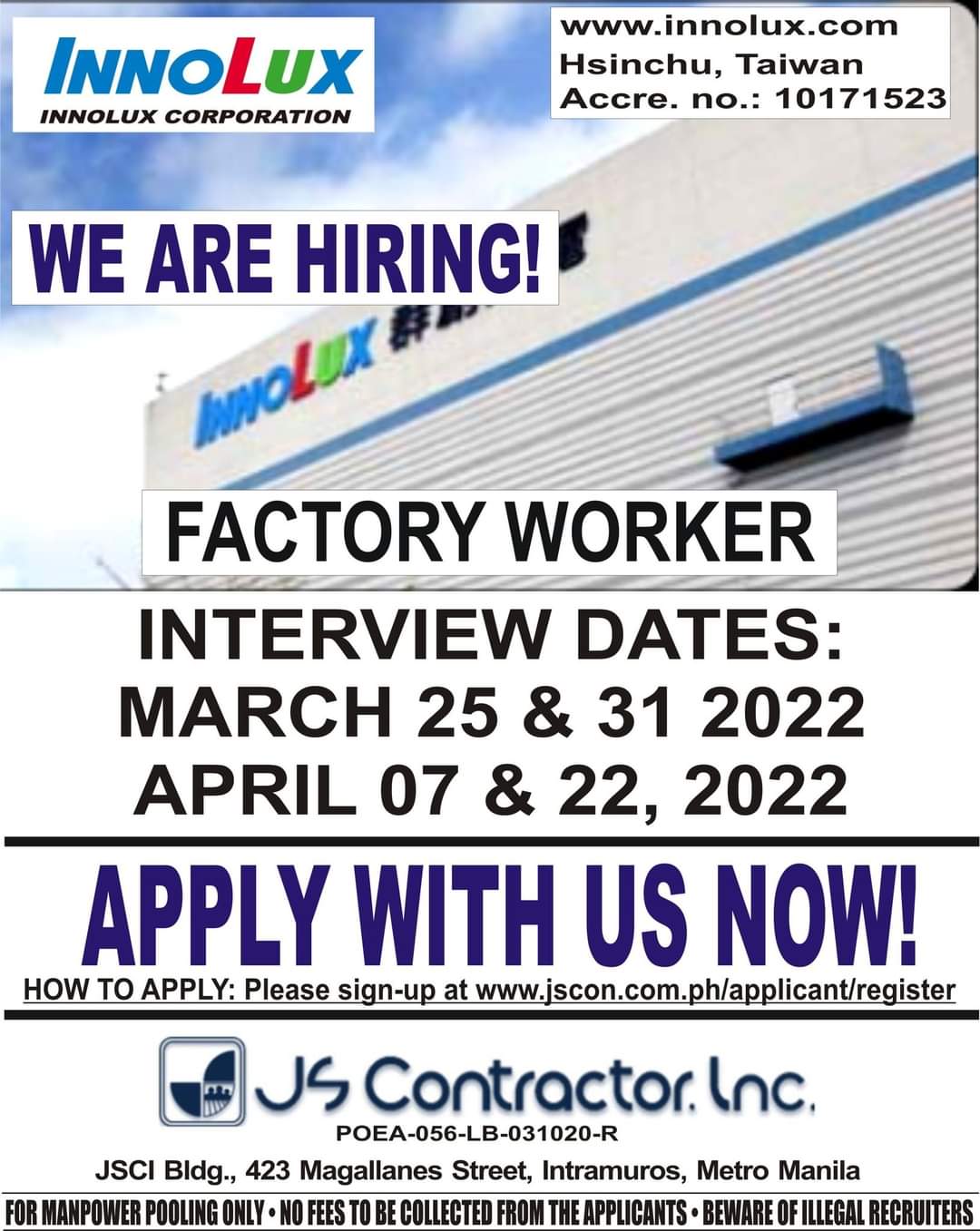 Hiring Factory Workers for Innolux Corporation under JS Contractor Agency