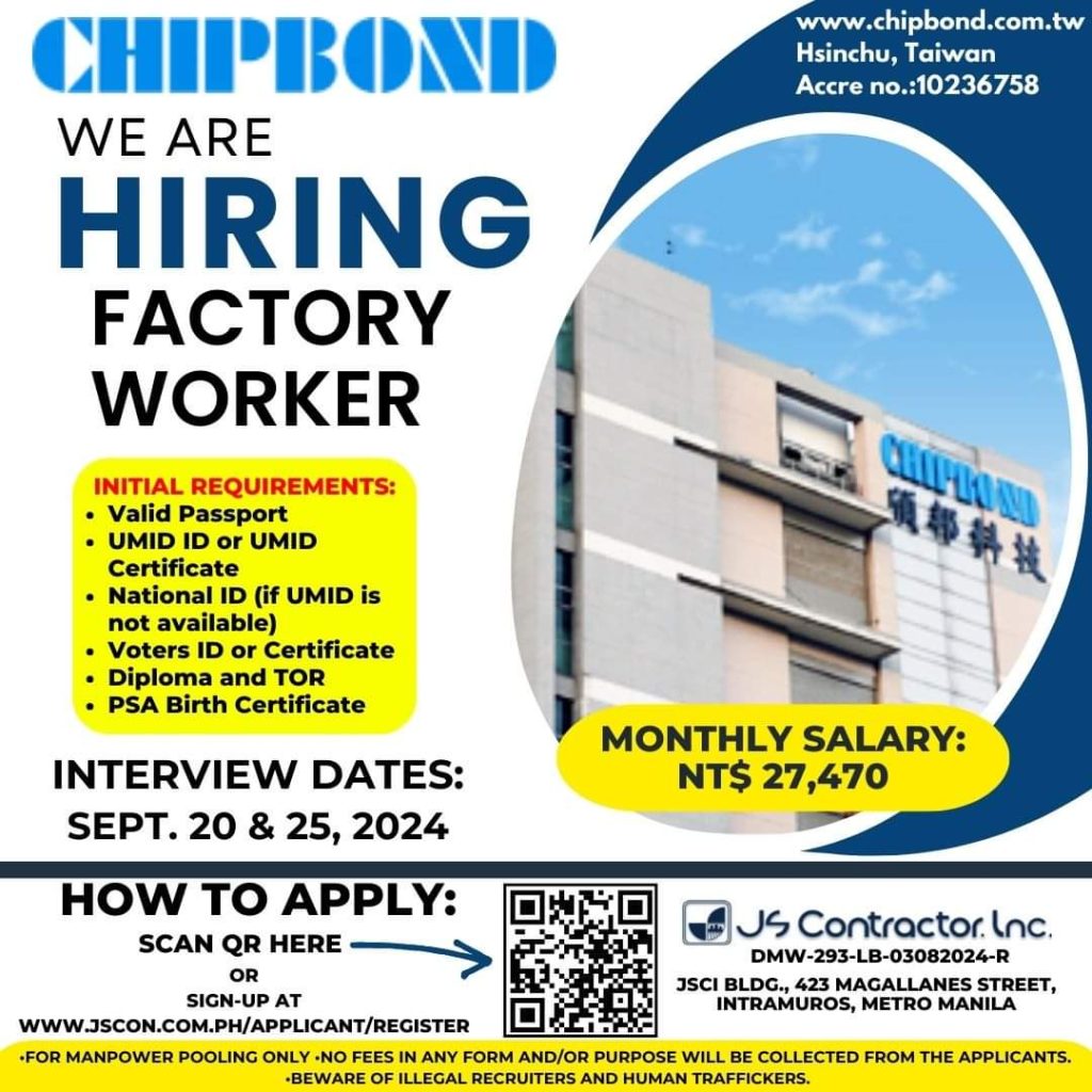 Chipbond Technology Corp. is now Hiring Factory Workers under JS ...