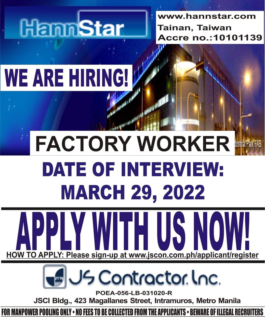 HannStar Company is now Hiring Factory Workers under JS Contractor Agency
