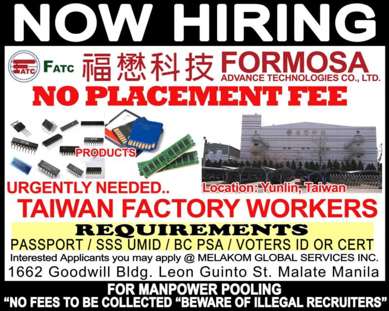 Urgent Hiring Factory Workers for Formosa Advance Technologies Co., Ltd.