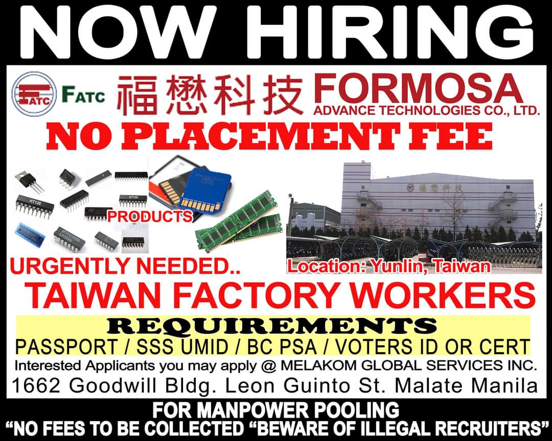 Urgent Hiring Factory Workers for Formosa Advance Technologies Co., Ltd.