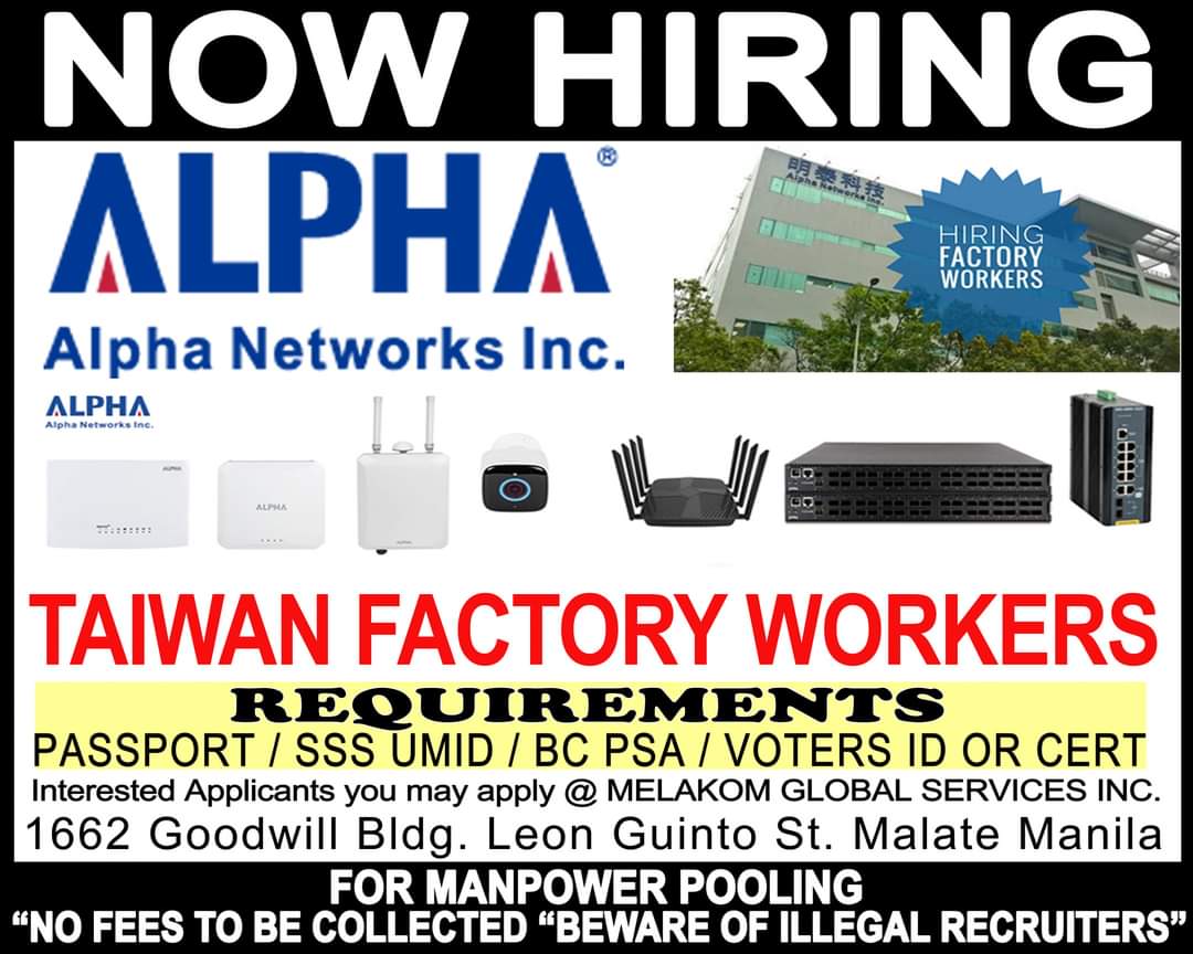 Alpha Networks Inc. is now Hiring Factory Workers