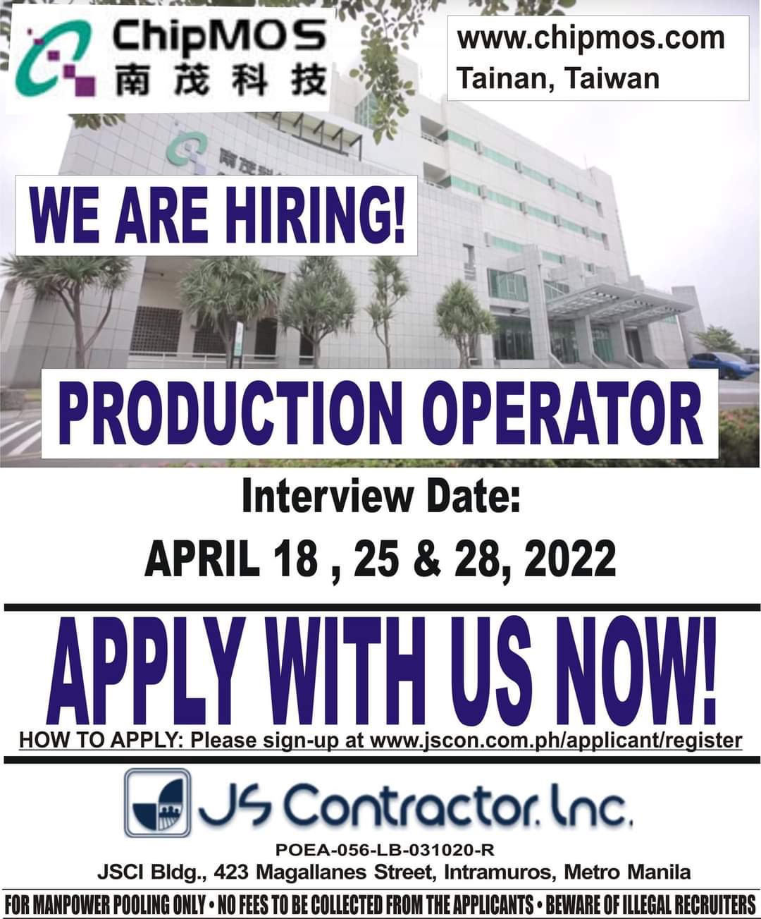 Hiring Production Operator for ChipMos Technologies Inc. under JS ...
