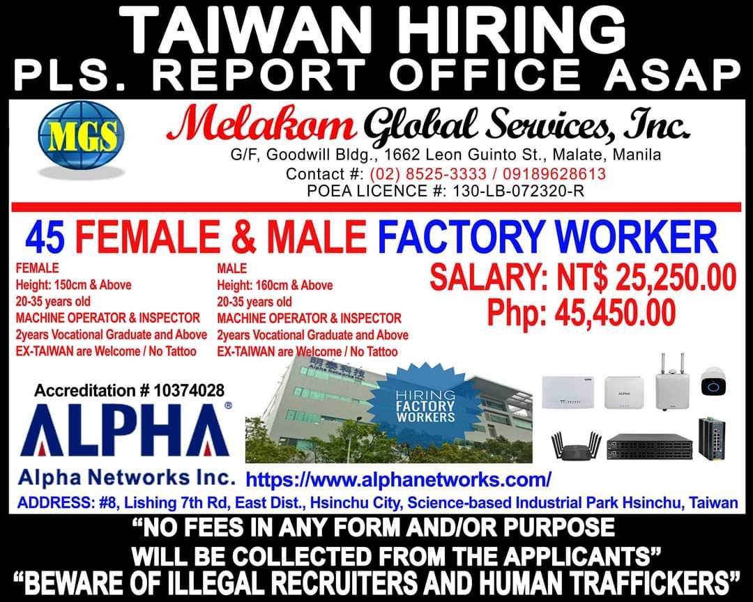 Alpha Networks Inc. is now Hiring Factory Workers