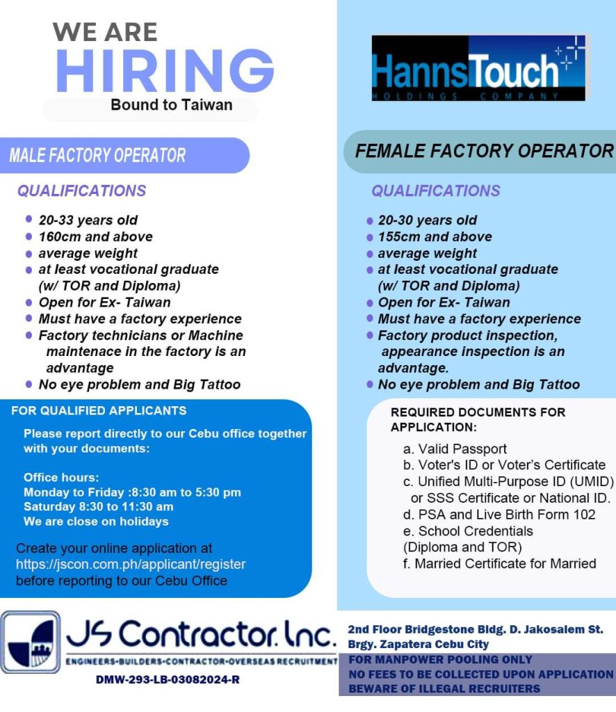 HannStar Company is now Hiring Factory Workers under JS Contractor Agency