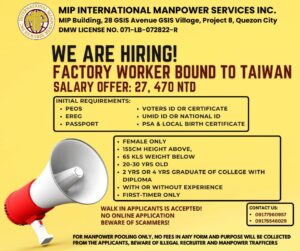 Hiring Female Factory Workers bound to Taiwan under MIP Agency