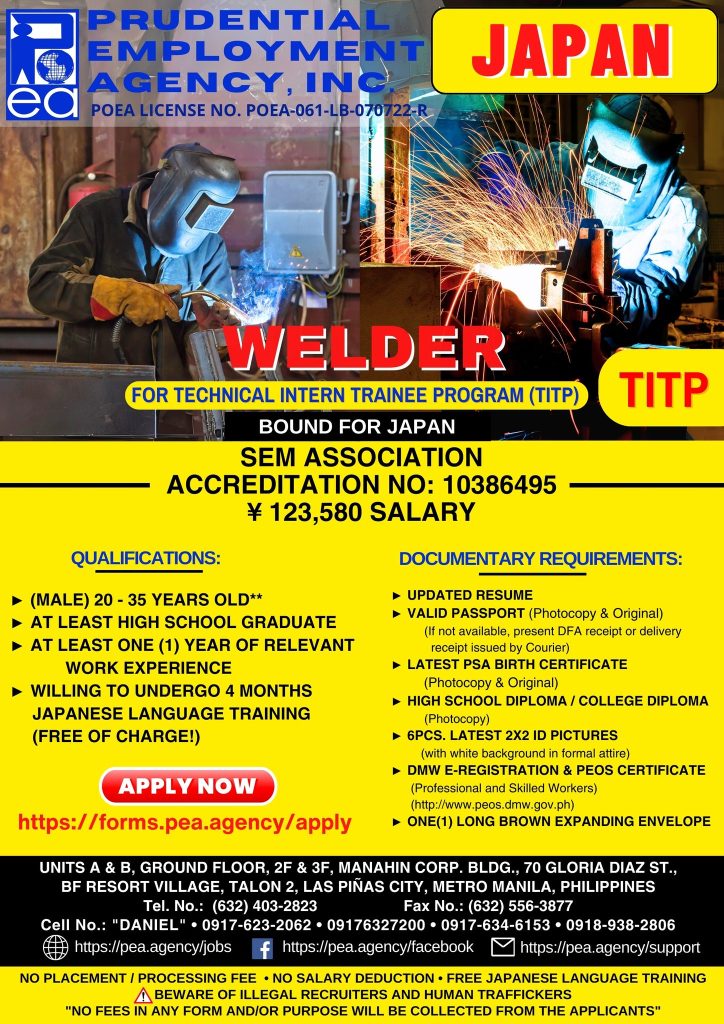 Japan Hiring TITIP Welder for SEM Association