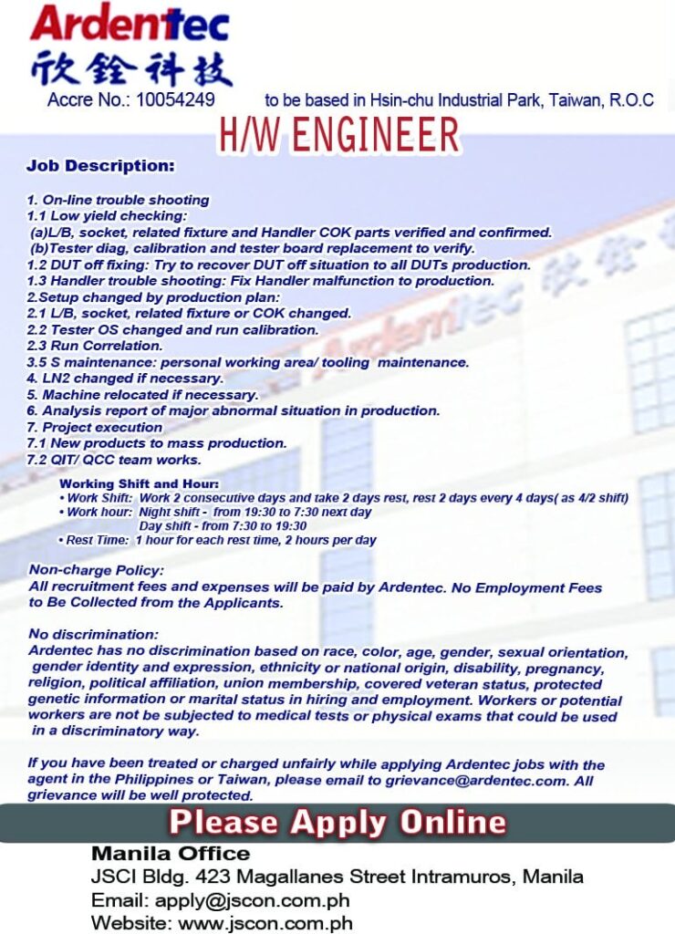 Hiring Engineers for Ardentec Corporation under JS Contractor Agency