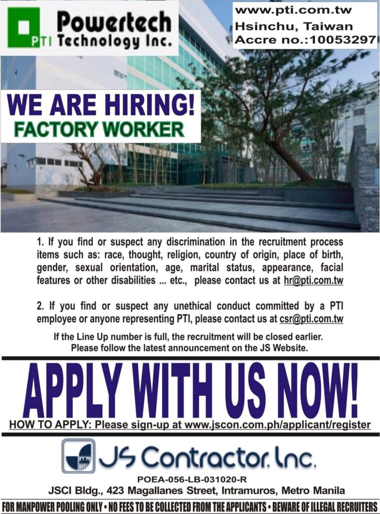 Hiring Factory Workers for PTI under JS Contractor Agency